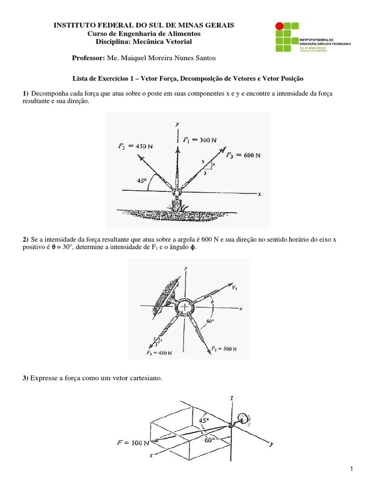 Lista de exercícios sobre decomposição e expressão de vetores de força ...