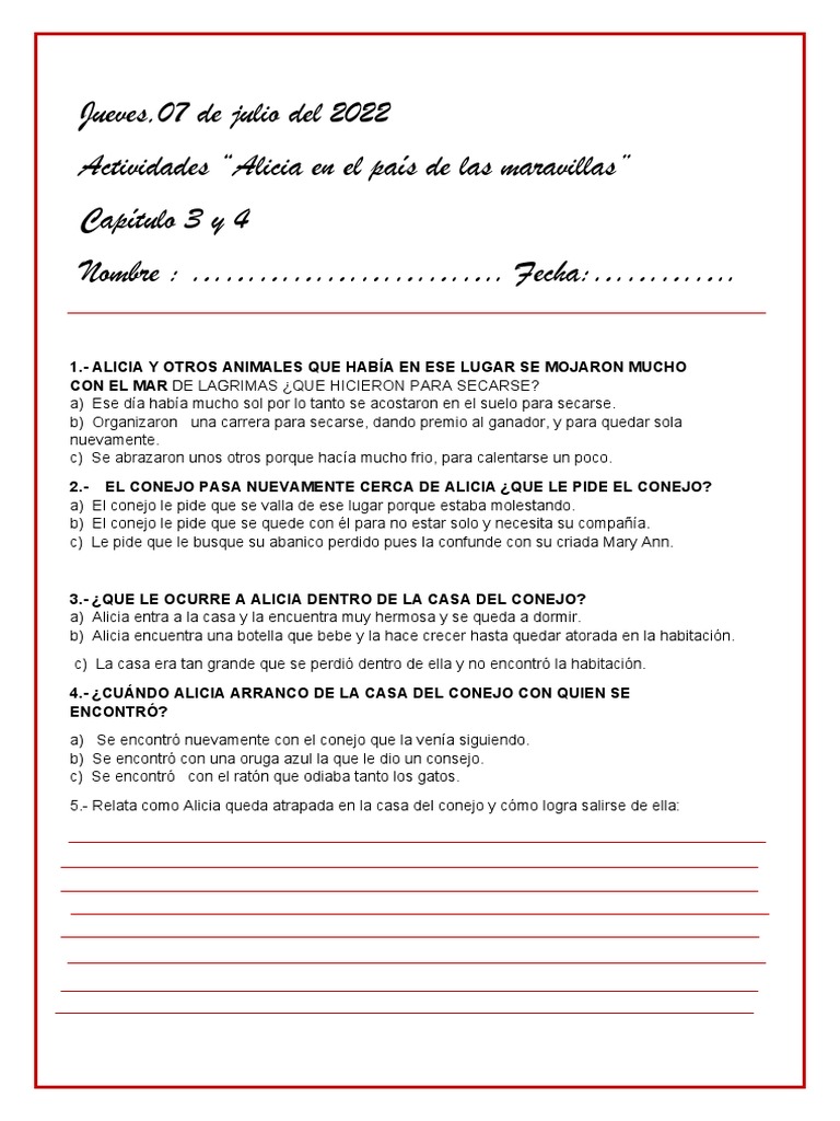 Actividades Alicia en El Pais de Las Maravillas Capitulo 3 y 4 | PDF | Arte