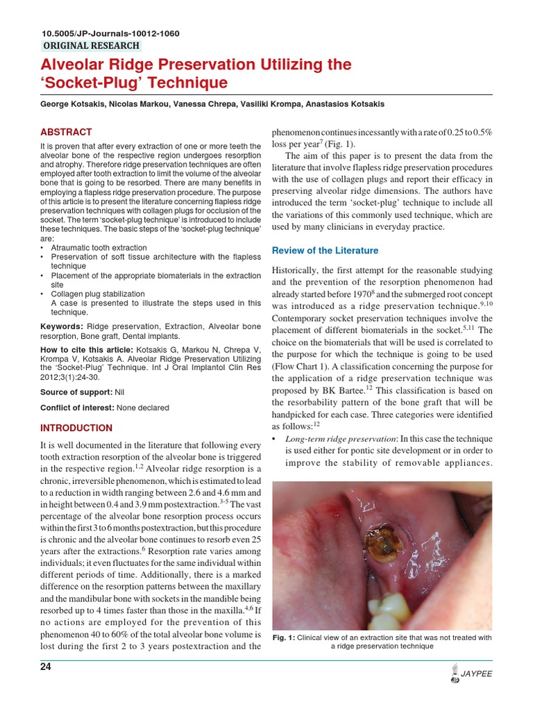 Alveolar Ridge Preservation Utilizing The Socket-Plug Technique | PDF | Dental Implant | Medical ...