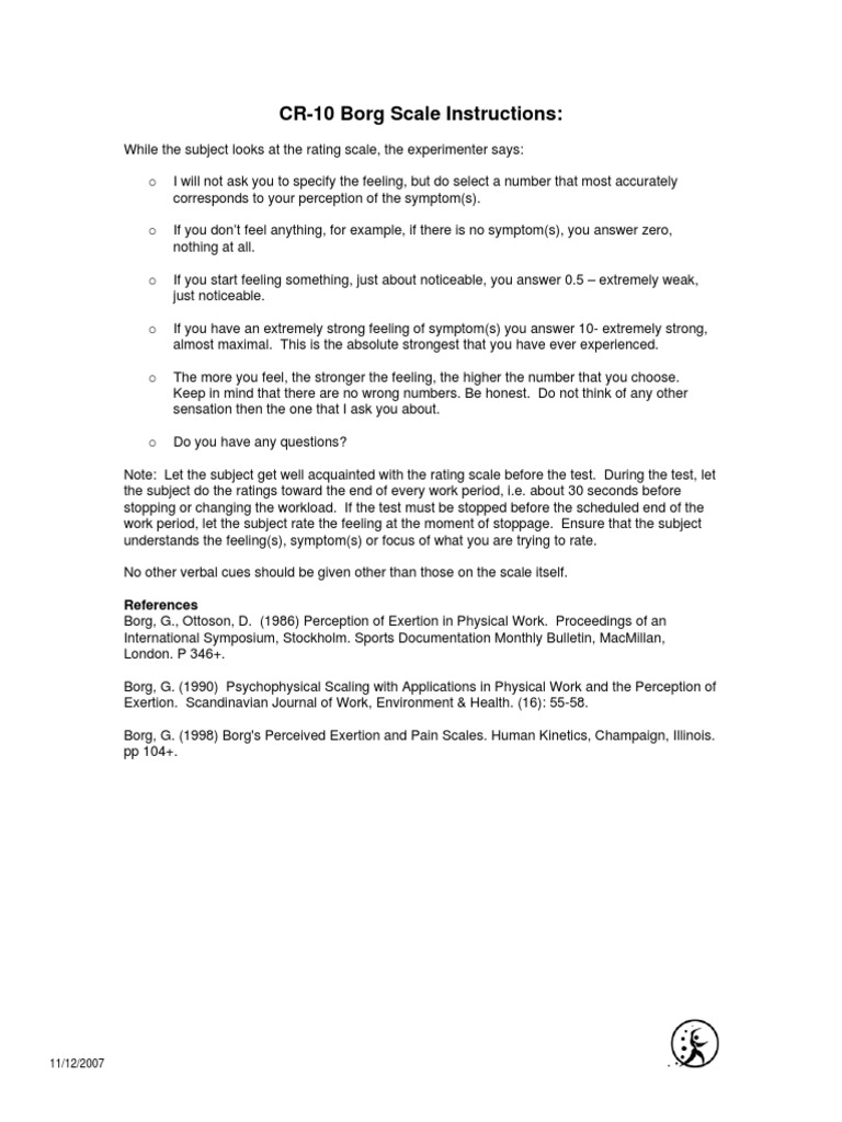 CR-10 Borg Scale Instructions:: References | PDF | Perception | Feeling