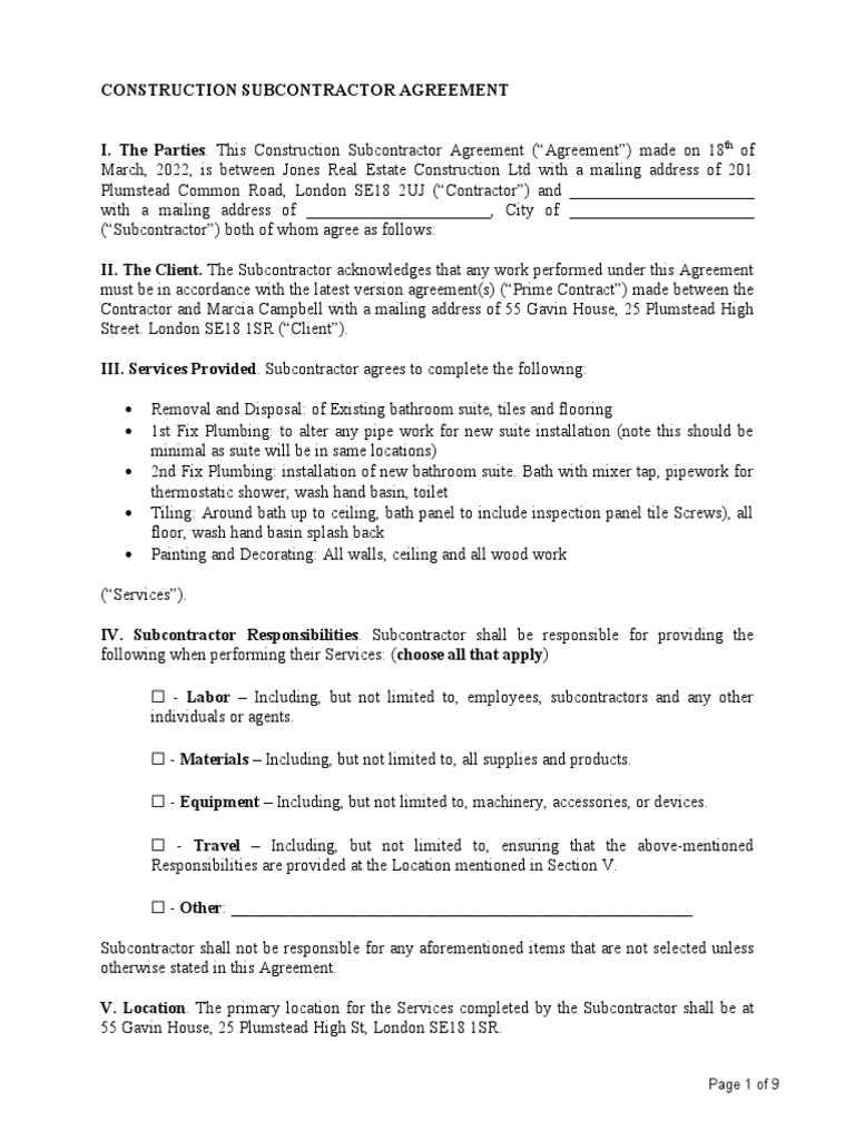 Construction Subcontractor Agreement | PDF | Indemnity | Liability ...