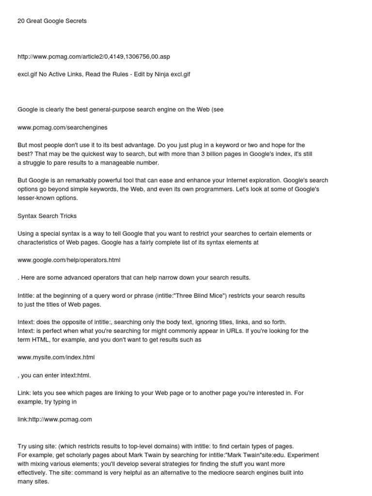 20 Great Google Secrets | PDF | Web Search Engine | Search Engine ...