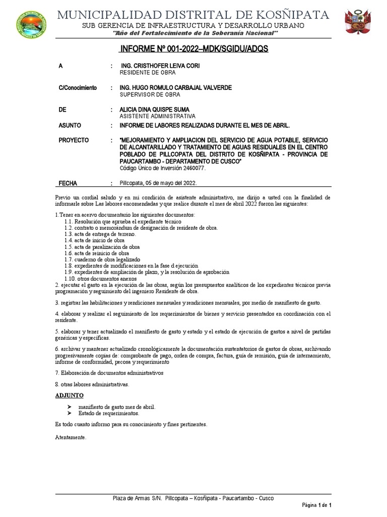 Inf. N°001 Informe Mensual de Abril - Asistente Administrativo | PDF | Saneamiento | Ingeniería ...