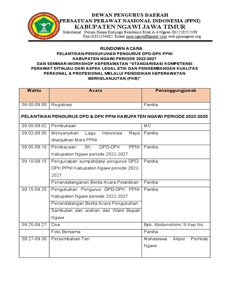 Rundown Acara Pelantikan Pengurus DPD Ppni 2022-2027 | PDF