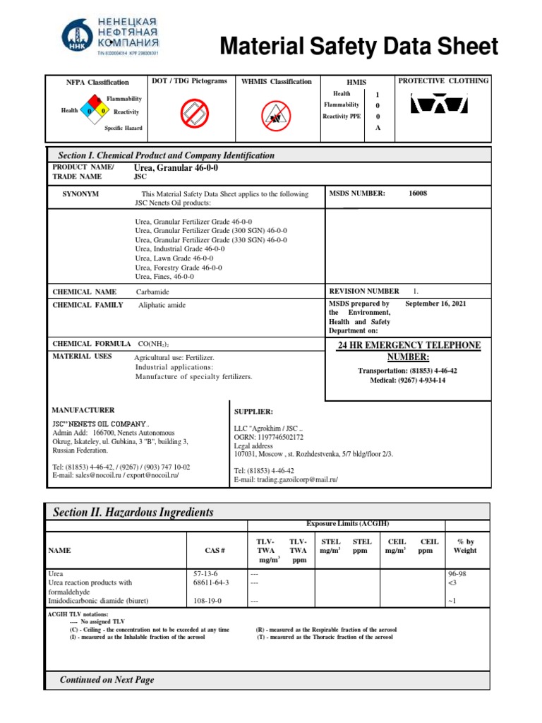 MSDS Urea46%-22 | PDF | Ammonia | Chemistry