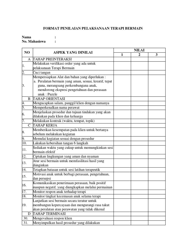 Ceklist Pelaksanaan Terapi Bermain | PDF