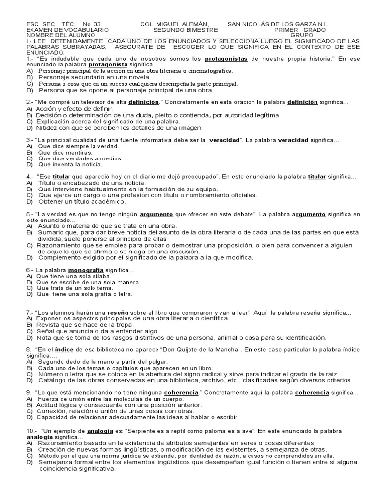 Examen de Vocabulario 2 | PDF | Analogía | Verdad