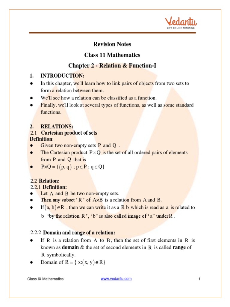Class 11 Maths Revision Notes Relations and Functions | PDF | Function ...
