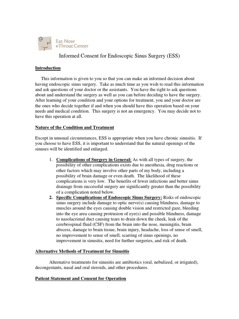 Endoscopic Sinus Surgery Consent | PDF | Surgery | Informed Consent