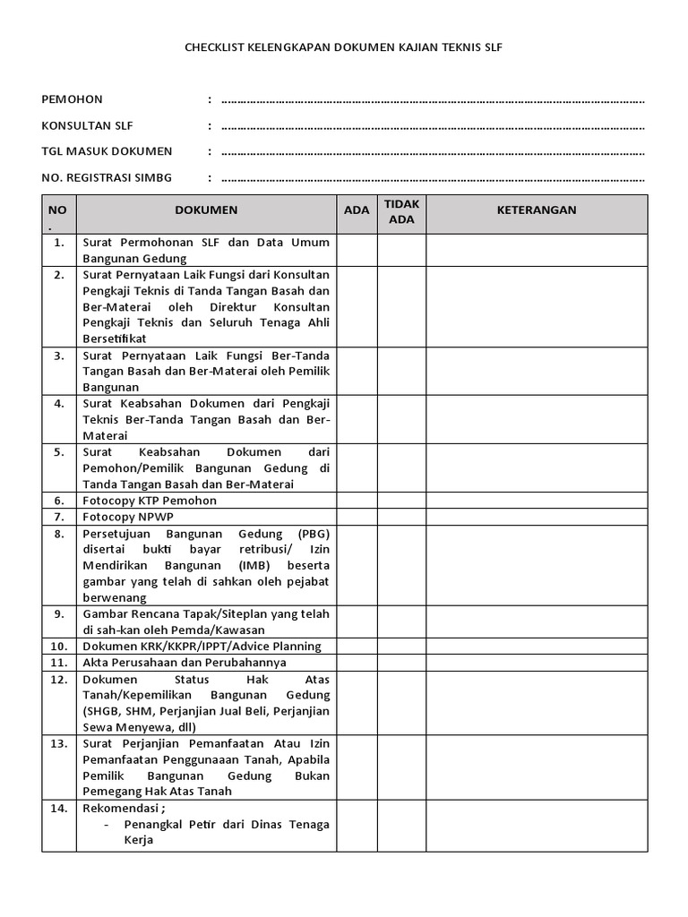 (2022) Checklist Kelengkapan Dokumen Kajian Teknis SLF | PDF