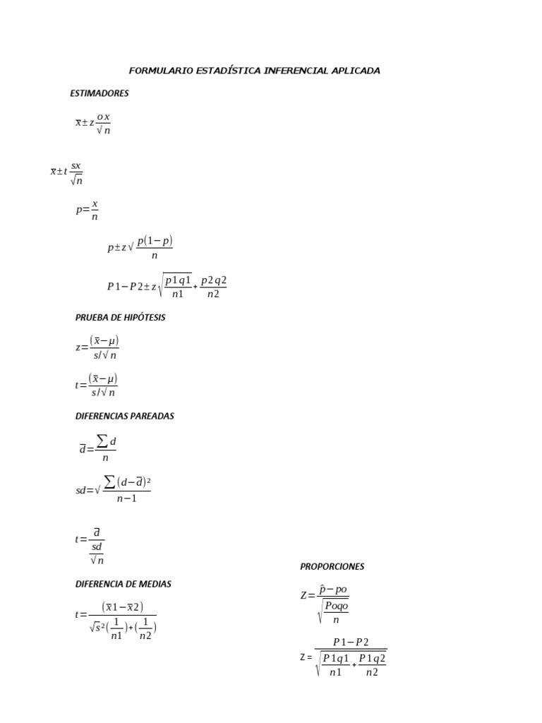 Formulario Estadística Inferencial Aplicada | PDF