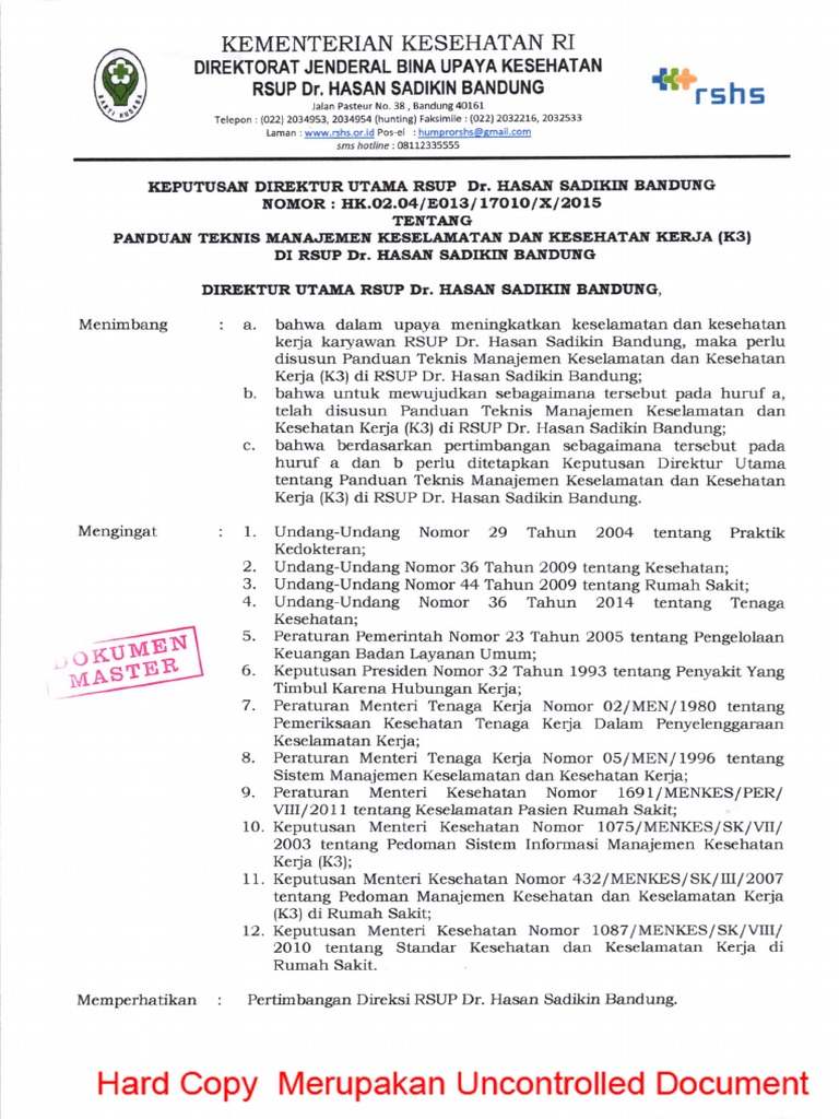 Panduan - Teknis - Manajemen Keselamatan Dan Kesehatan Kerja RSHS | PDF