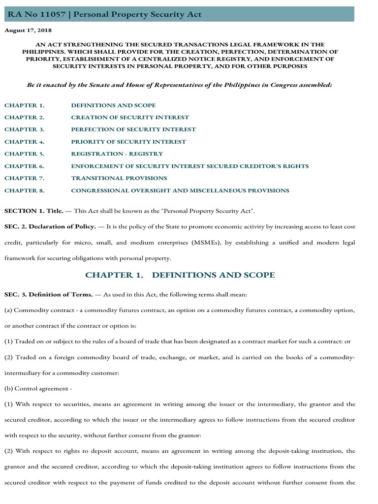 RA No 11057 - Personal Property Security Act: Chapter 1. Definitions and Scope | PDF ...