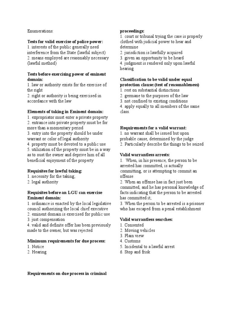 Enumeration Reviewer Consti 2 (First Exam) | PDF | Search Warrant | Eminent Domain