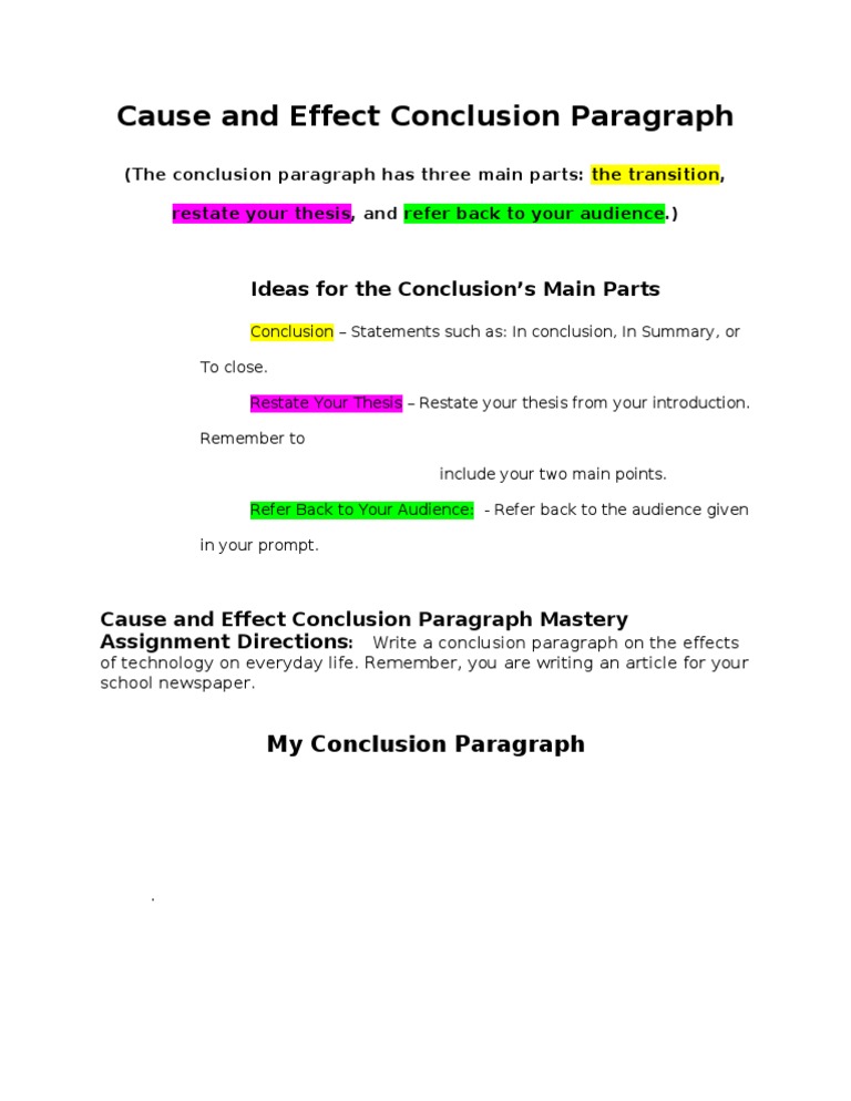 Cause and Effect Conclusion Paragraph Mastery Assignment | PDF