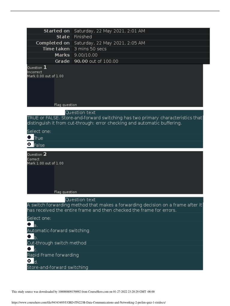UGRD IT6223B Data Communications and Networking 2 Prelim Quiz 1 Riri | PDF | Network Switch ...