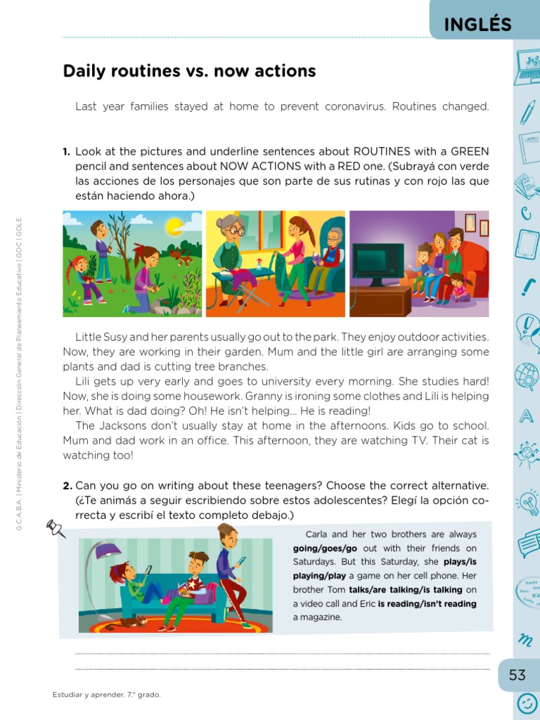Daily Routines vs. Now Actions: 1. Look at The Pictures and Underline ...