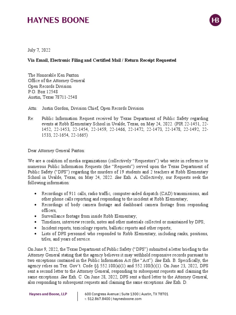 Media Coalition Letter To Texas AG Regarding Texas DPS Requests | PDF ...