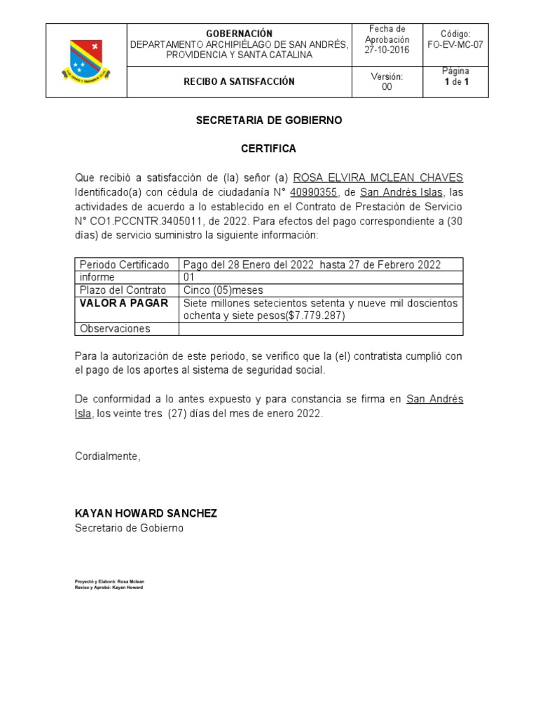 Formato de Recibido de Satisfaccion 2021 | PDF