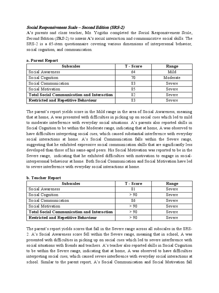 SRS-2 Assessment Reveals Severe Social Difficulties Indicative of ASD ...