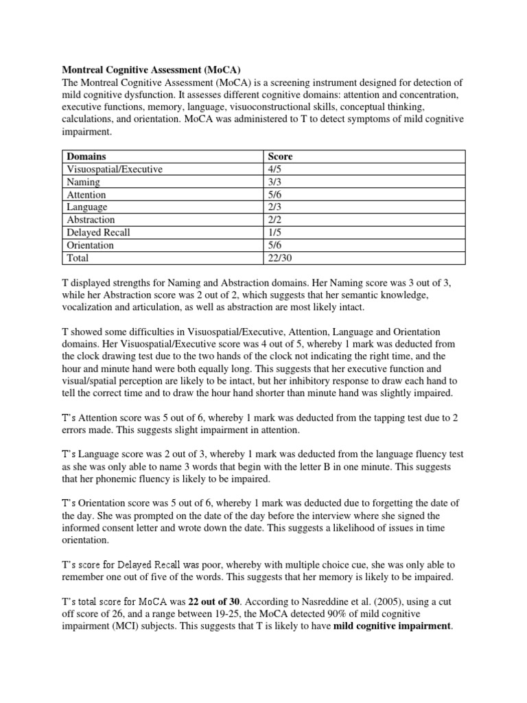 MOCA Sample Report | Download Free PDF | Recall (Memory) | Cognition