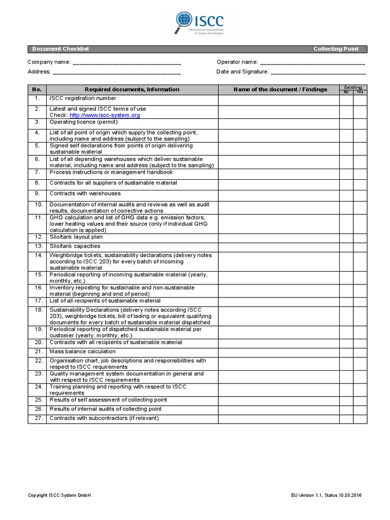 ISCC Document Checklist Collecting Point | PDF | Audit | Sustainability