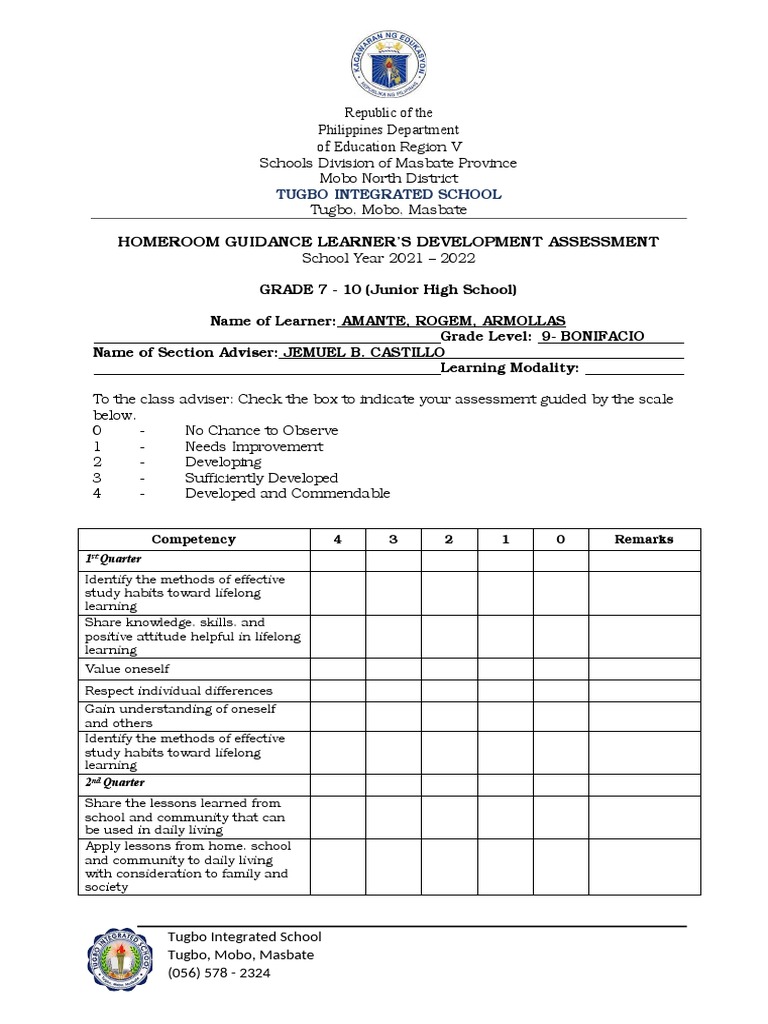 Grade 7 10 - Homeroom Guidance Learners Development Assessment | PDF ...