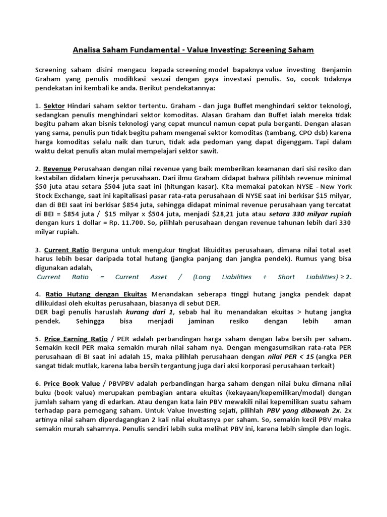 Panduan Screening Saham Value Investing | PDF | Pengelolaan Keuangan & Uang