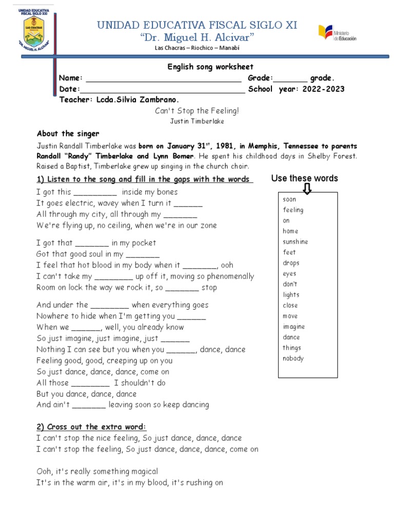 Cant-Stop-The-Feeling Song Worksheet | PDF | Justin Timberlake