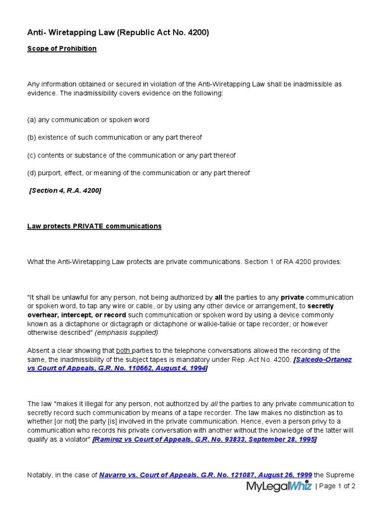 7.1 RA 4200 Anti - Wiretapping Law | PDF | Telephone Tapping ...