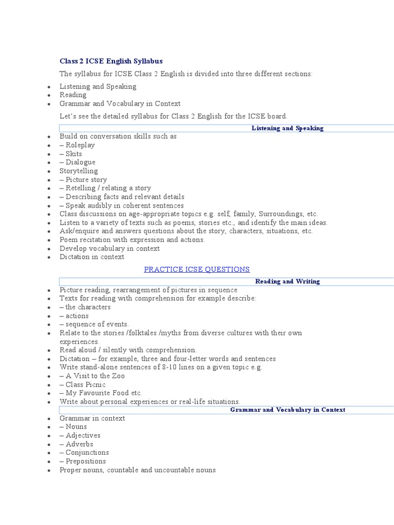Class 2 ICSE Syllabus | PDF | English Language | Subtraction