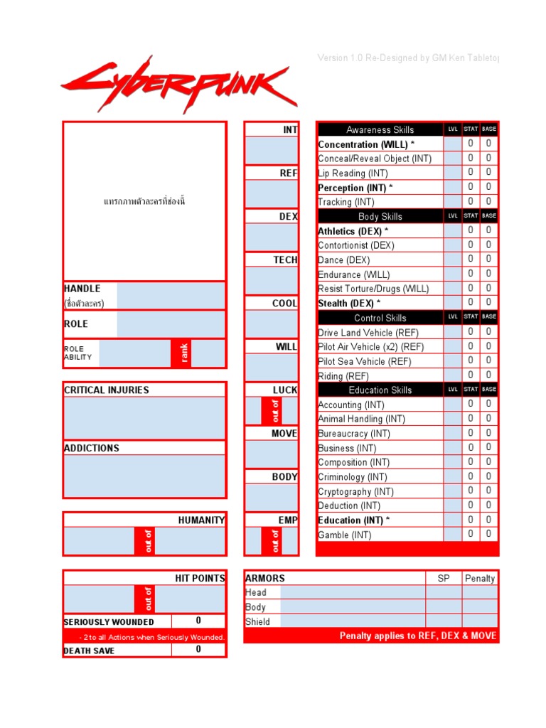 INT Concentration (WILL) REF Perception (INT) DEX Athletics (DEX) Tech ...