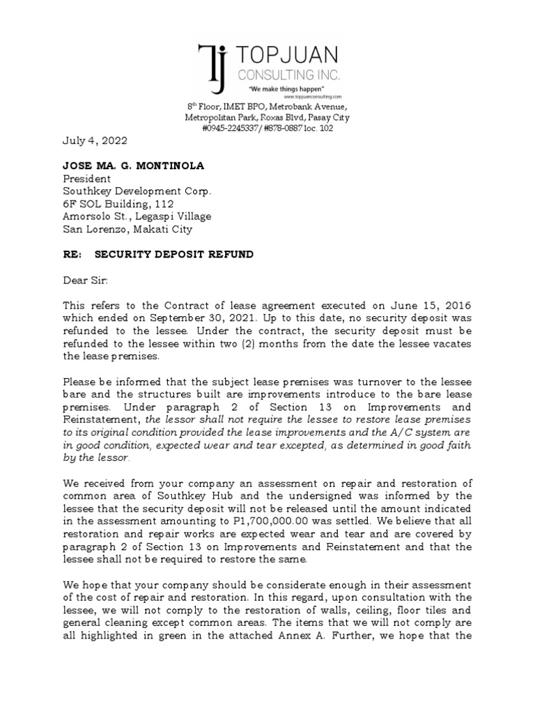 Security Deposit Refund Request Letter | PDF | Lease | Civil Law ...