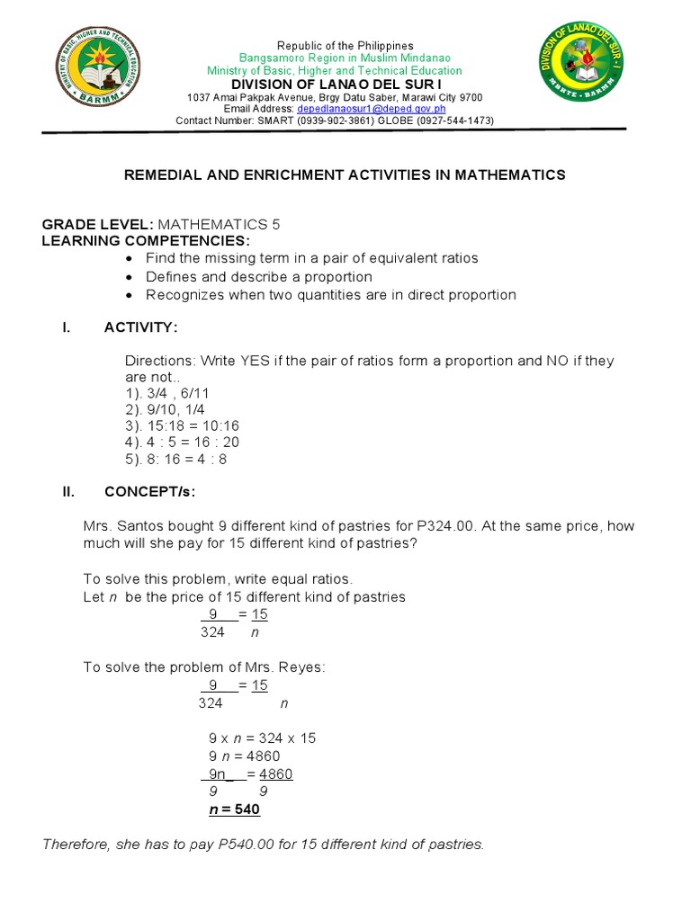 Remedial Activities Sample | PDF | Ratio | Mathematics