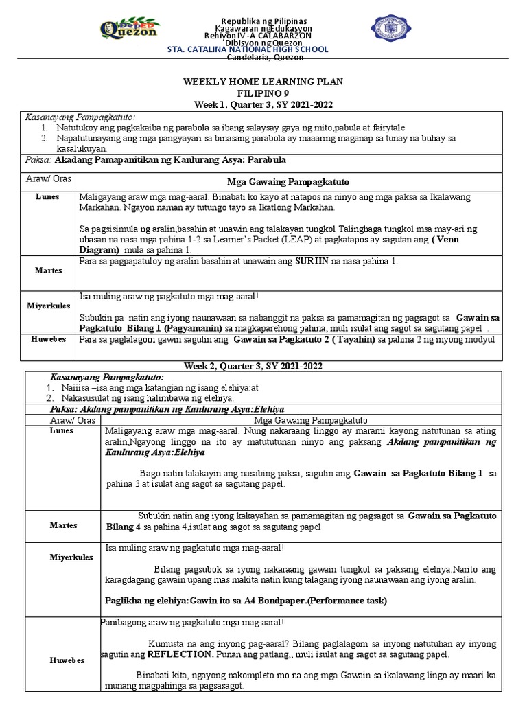 WHLP FILIPINO G9 WEEK 1 8 Third Quarter | PDF