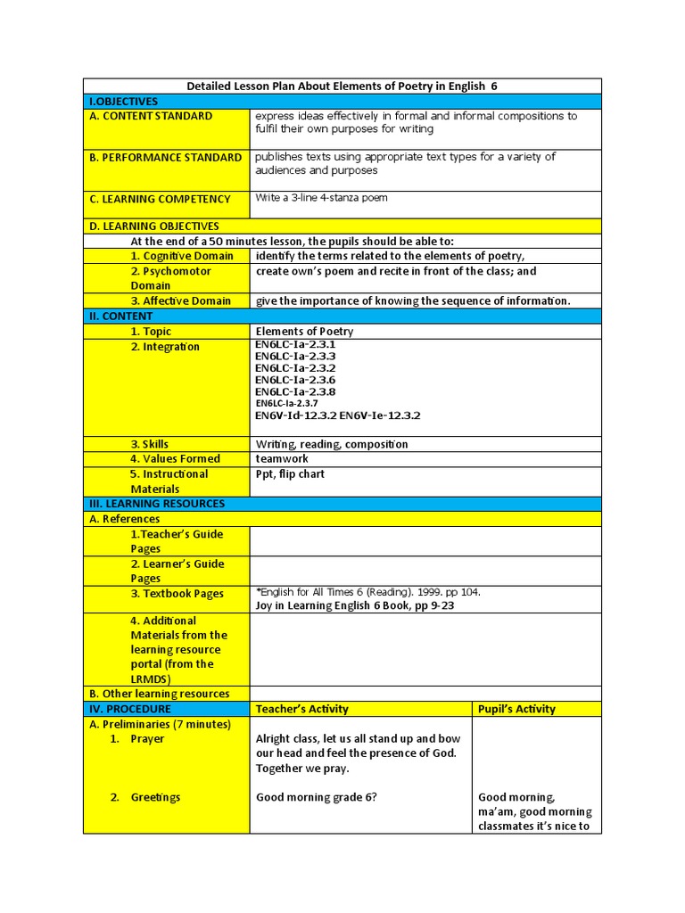 Detailed Lesson Plan About Elements of Poetry in English 6 I.Objectives ...