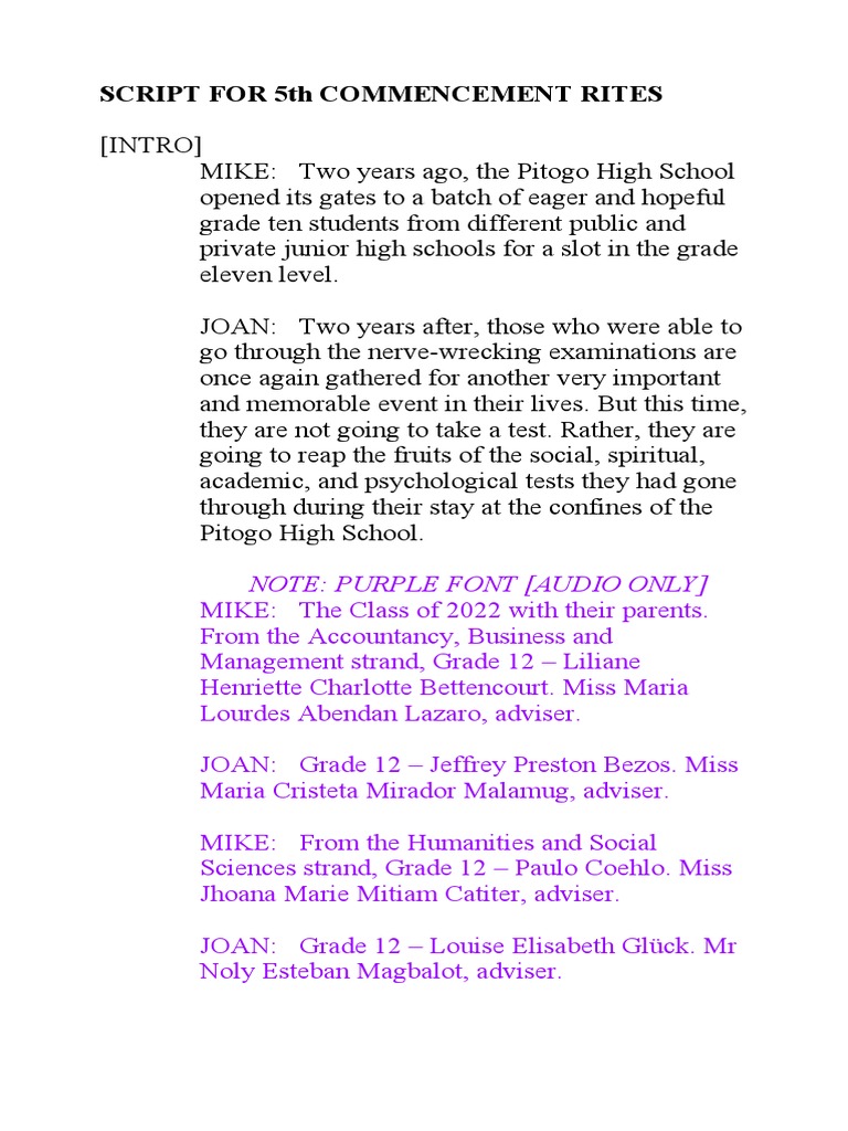 Script For 5Th Commencement Rites | PDF