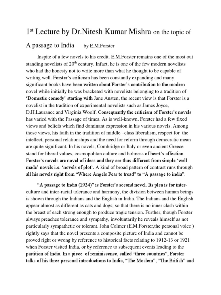 A Passage To India For Lecture | PDF | E. M. Forster | Novels