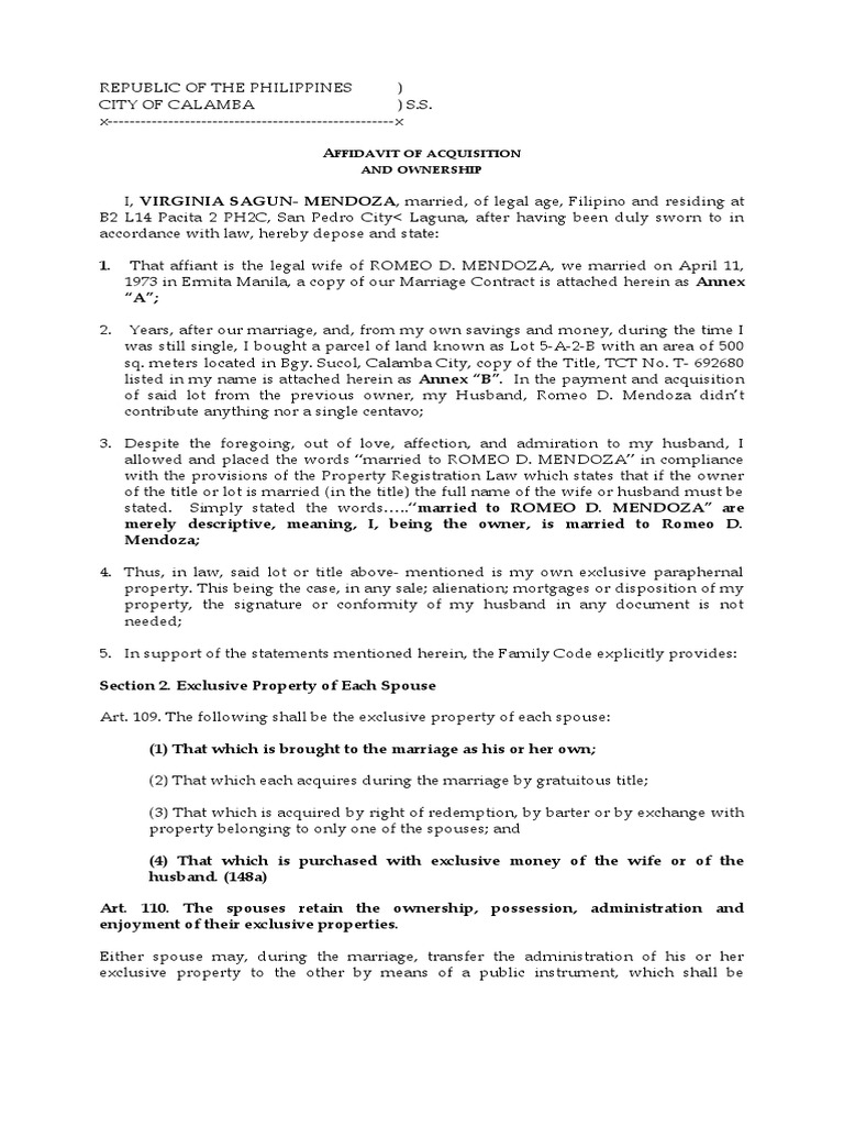 Affidavit of Acquisition by Virginia Mendoza | PDF | Property | Affidavit