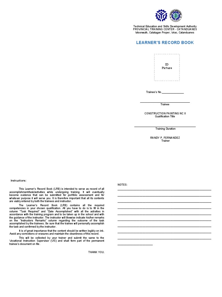 Construction Painting NC II Record Book | PDF | Risk | Information