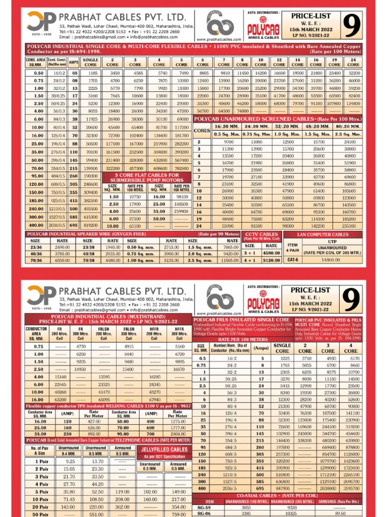 2022-03-15 Polycab Cables Price List | PDF