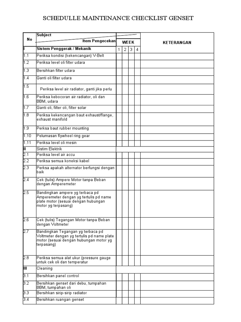 Cheklist Genset (Bulanan) | PDF