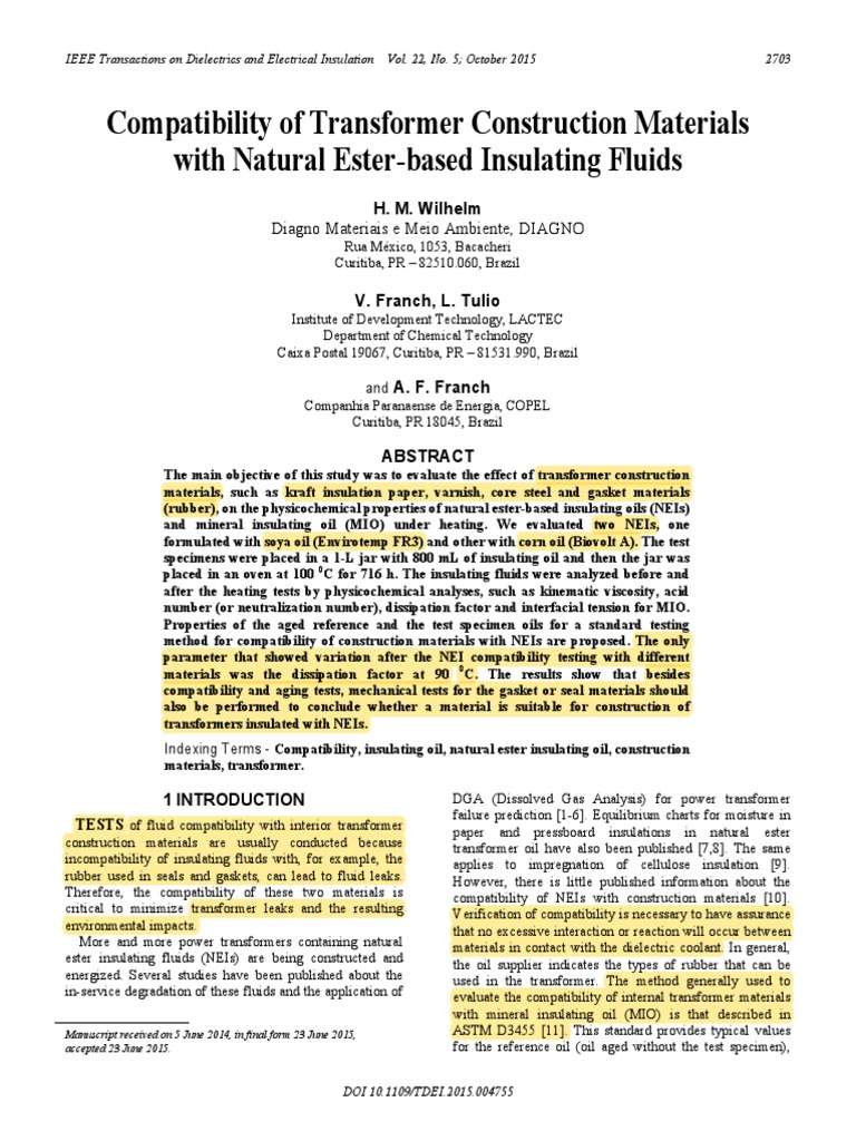 Compatibility of Transformer Construction Materials With Natural Ester ...