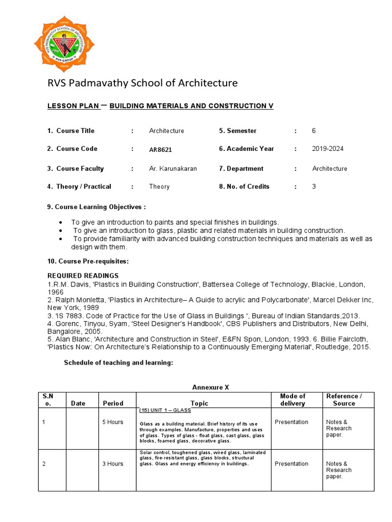 RVS Padmavathy School of Architecture - : Lesson Plan Building ...