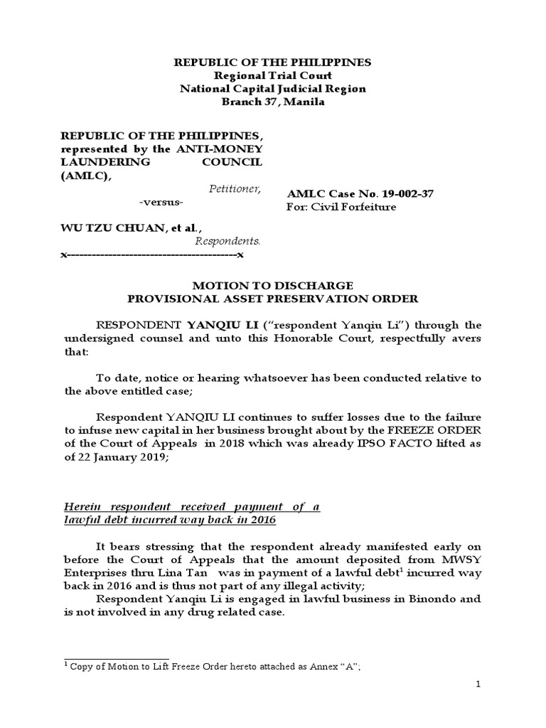 Motion To Release Funds - Civil Forfeiture | PDF | Money Laundering ...