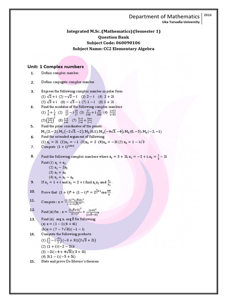 Unit: 1 Complex Numbers: Department of Mathematics | PDF | Matrix ...