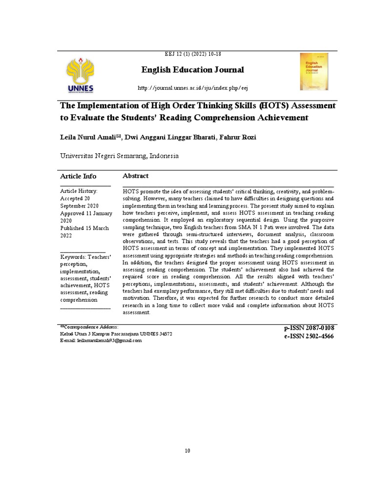The Implementation of High Order Thinking Skills (HOTS) Assessment To ...