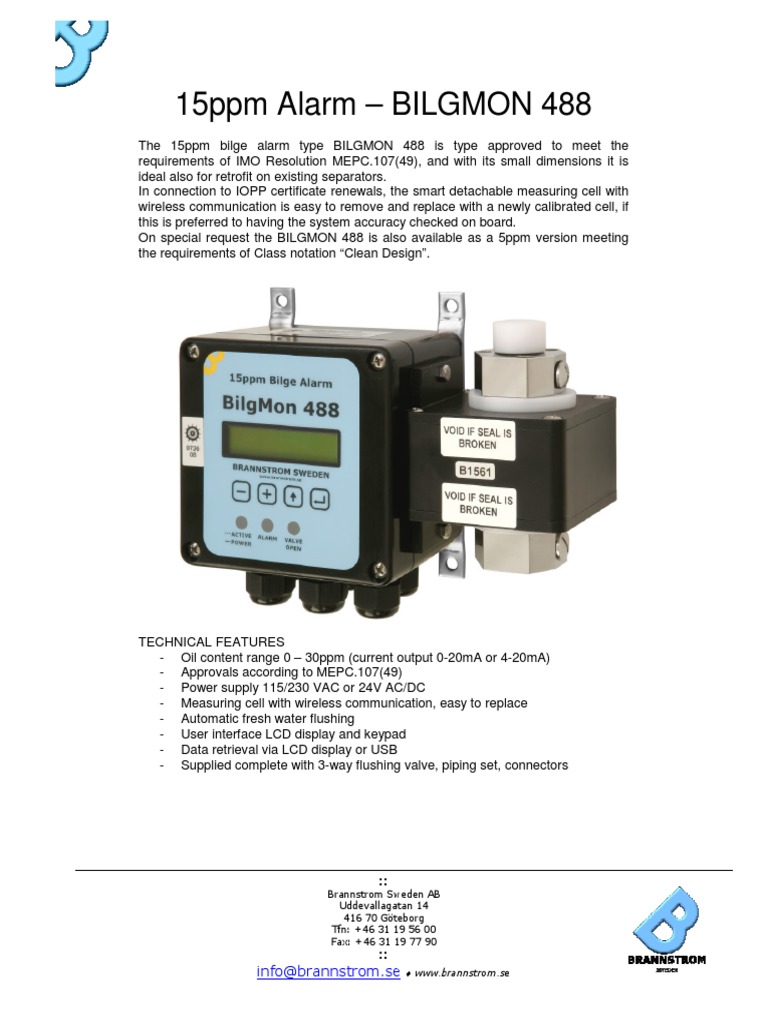 15ppm Alarm - BILGMON 488: Info@brannstrom - Se | PDF | Relay | Alternating Current