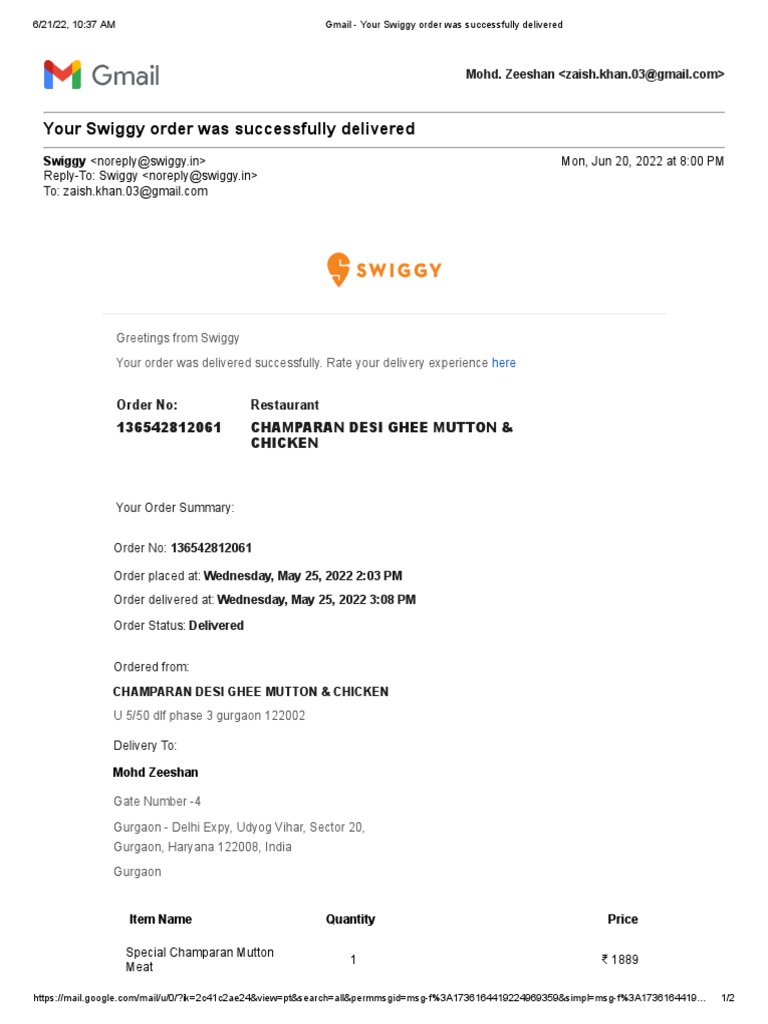 Swiggy Bill 25thmay2022 | PDF | Food And Drink | Foods