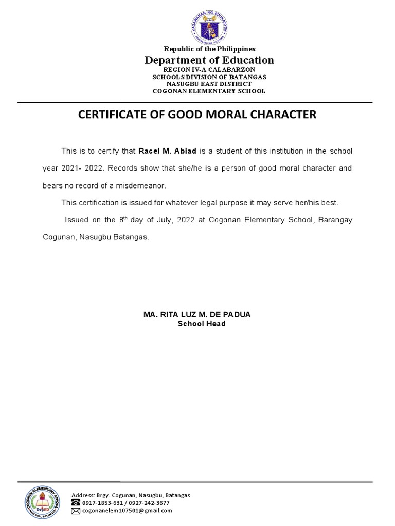 Certificate of Good Moral Character | PDF